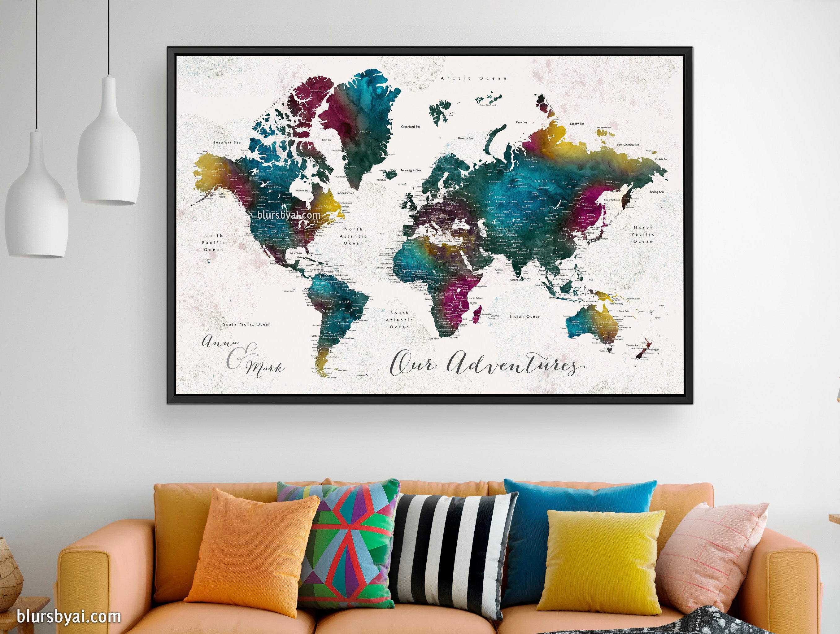 Map prints: world maps with main cities & capitals, countries and stat ...