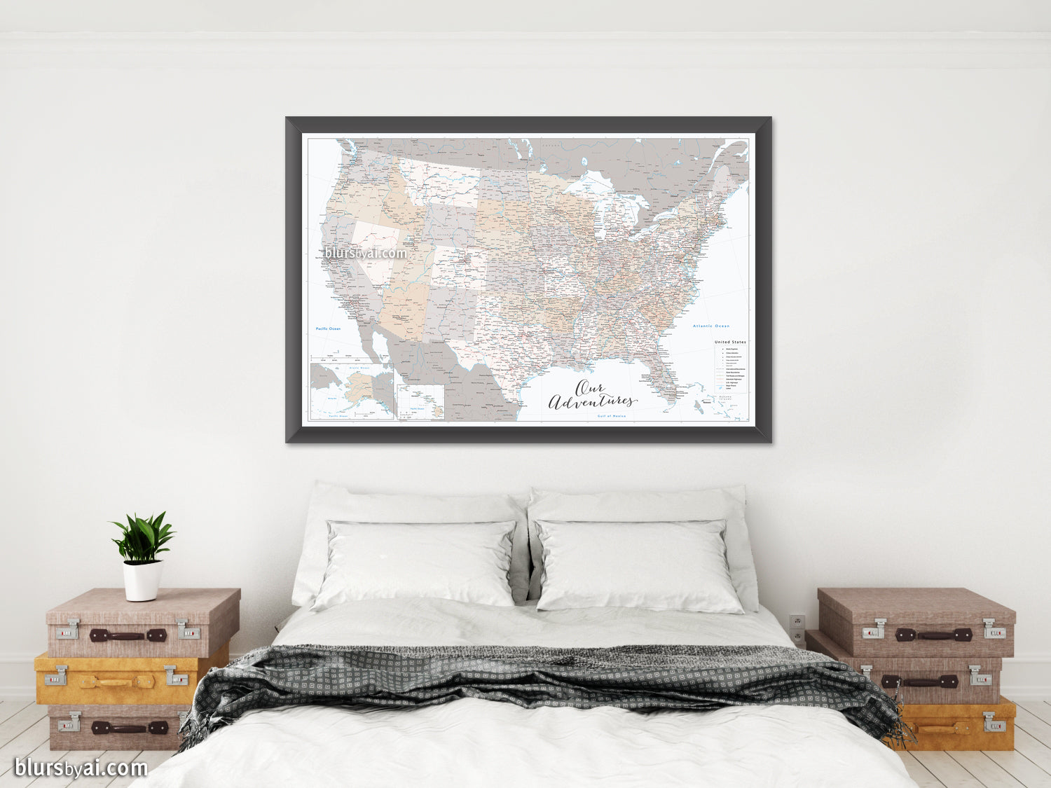 Custom US map print: highly detailed map of the US with roads. "Lincol ...