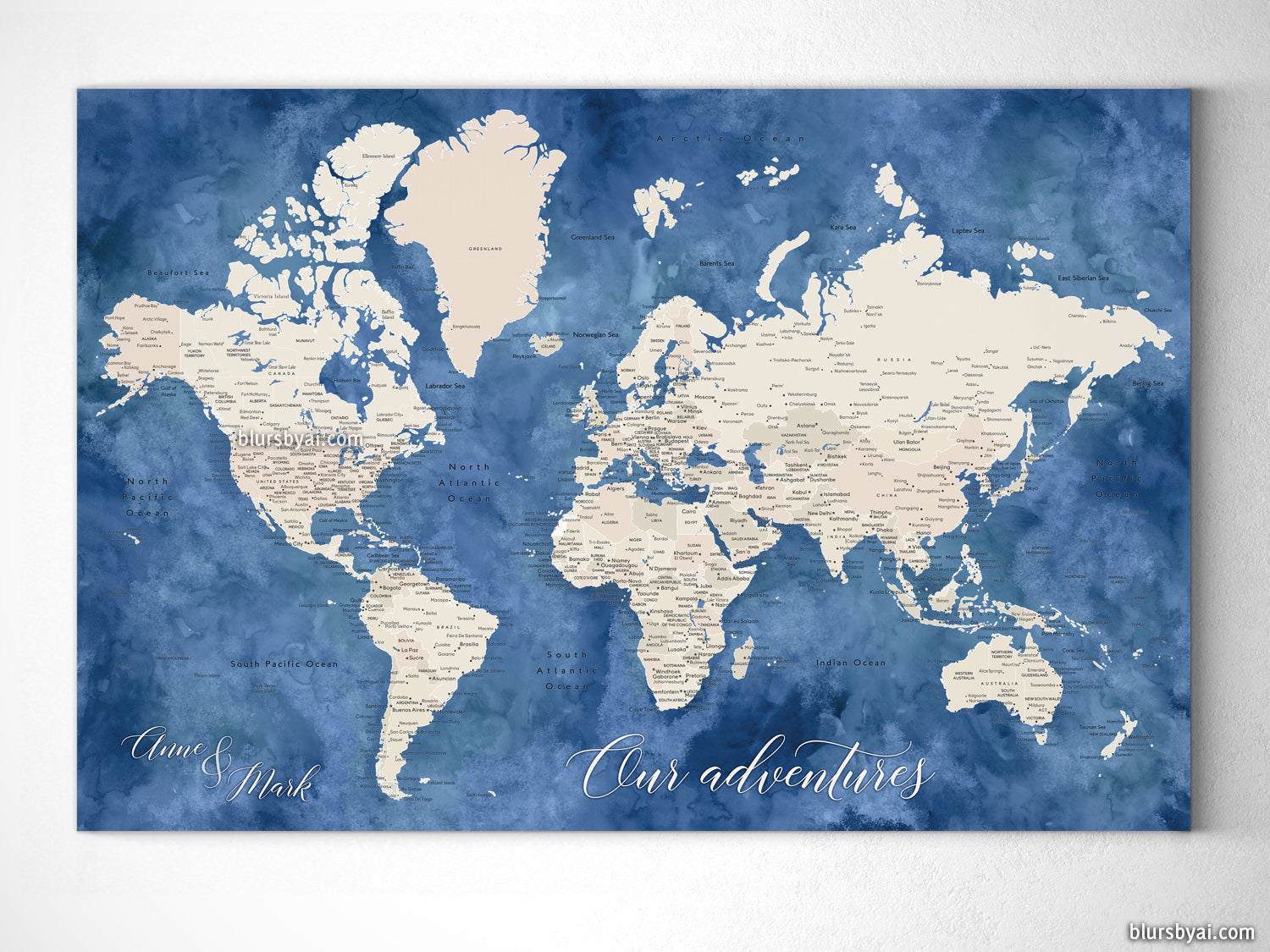Custom blue and brown world map with cities, canvas print or push pin ...